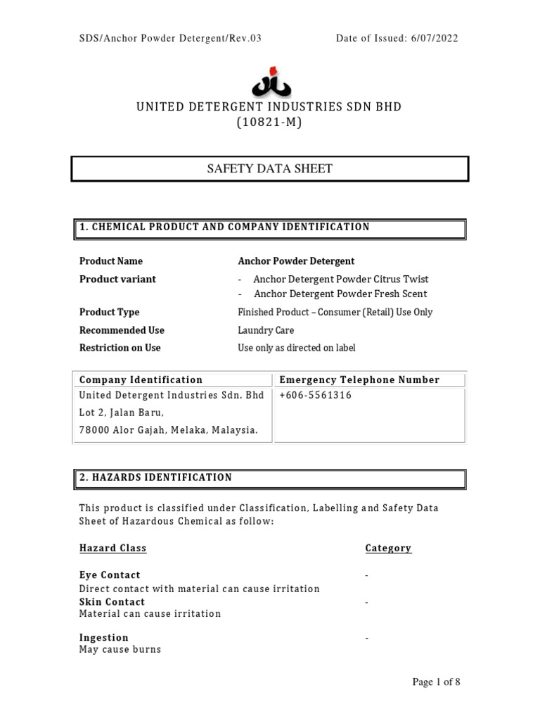 SDS Anchor Powder Detergent - Rev.03 - BI | PDF | Dangerous Goods | Waste