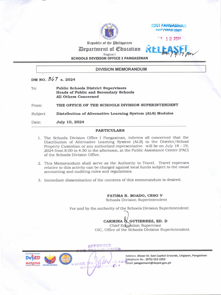 DM367s2024-Distribution of Alternative Learning System (ALS) Modules | PDF
