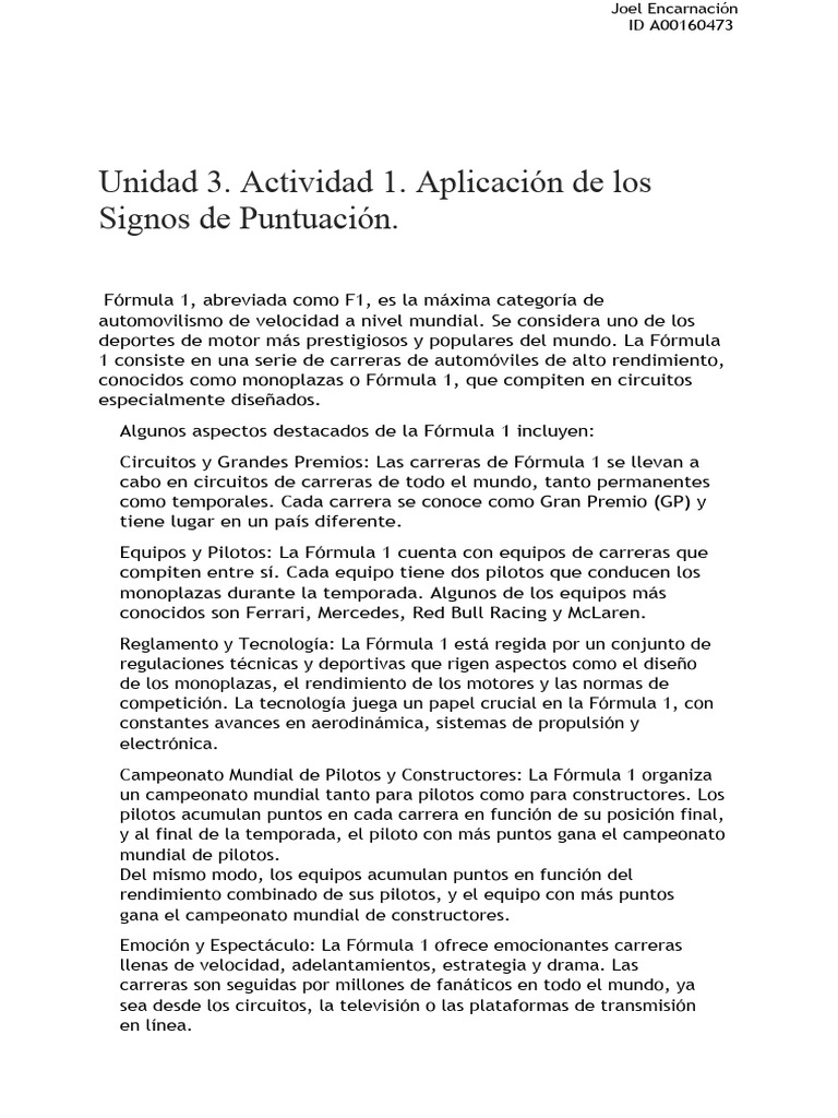 Unidad 3 Actividad 1 Aplicacion de Los Signos de Puntuacion | PDF | Formula Uno | Carrera de autos