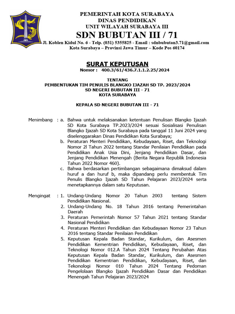 Pembentukan Tim Ijazah SD Bubutan III | PDF