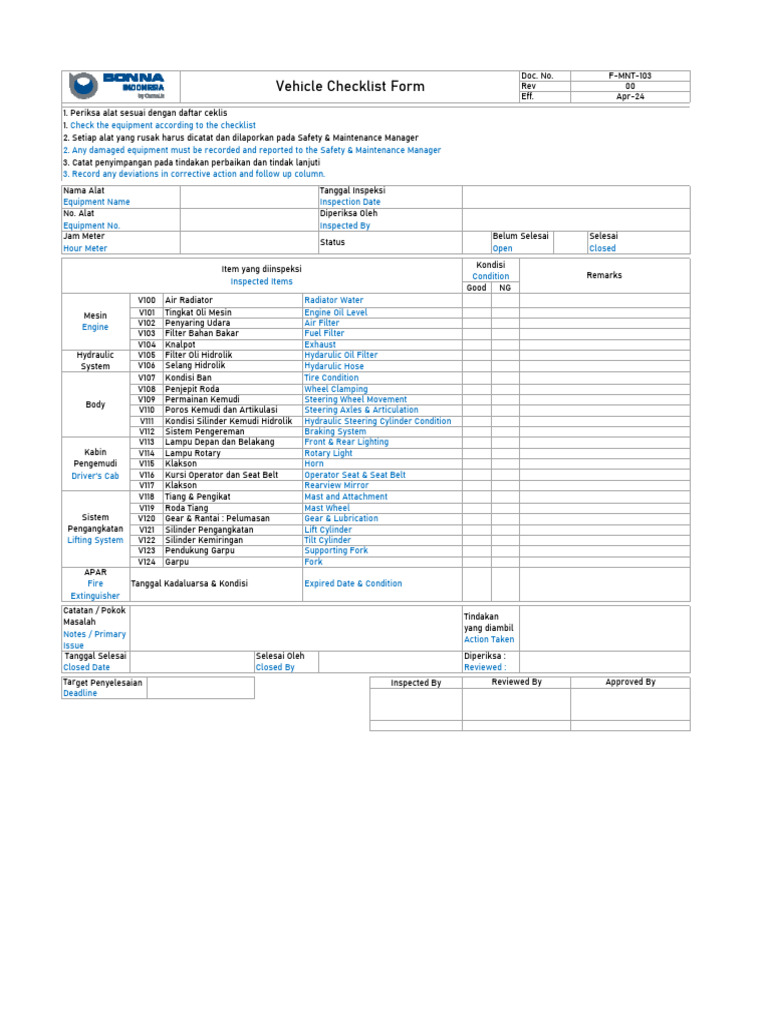 F-MNT-103 Vehicle Checklist Form | PDF | Manufactured Goods | Wheeled ...