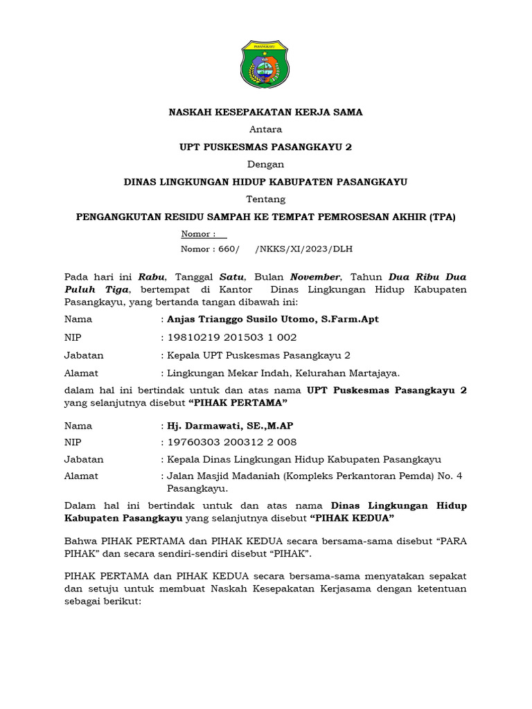 NASKAH KESEPAKATAN KERJA SAMA PKM Pasangkayu 2 | PDF
