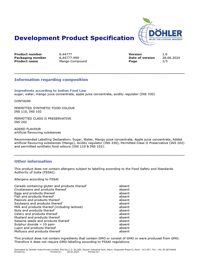 6.44777.999 - Product Specification | PDF | Nutrition Facts Label | Foods