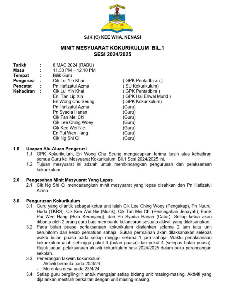 Minit Mesyuarat Koko Kali 1 (2024) | PDF