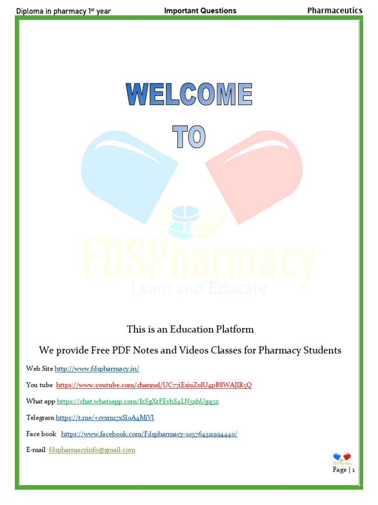 Pharmaceutics Chapter 1 Important Questions | PDF | Pharmacy | Health Sciences