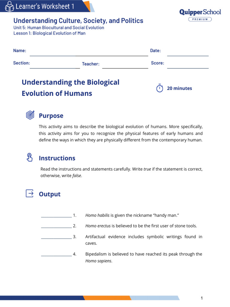 UCSP 11 - 12 Q1 0501 Biological Evolution of Man SW1 | PDF | Human ...