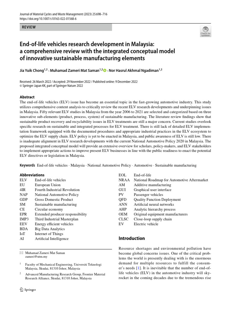 End of Life Vehicles Research Development in Malaysia A Comprehensive ...