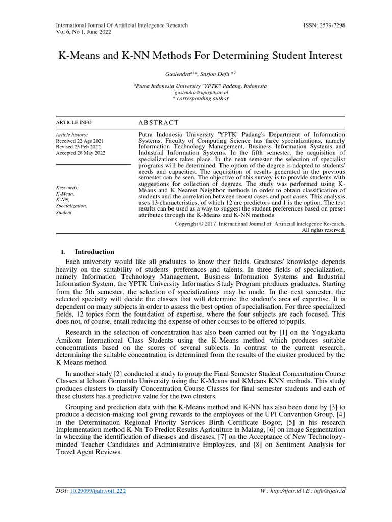 K-Means and K-NN Methods For Determining Student Interest | PDF | Cluster Analysis | Learning