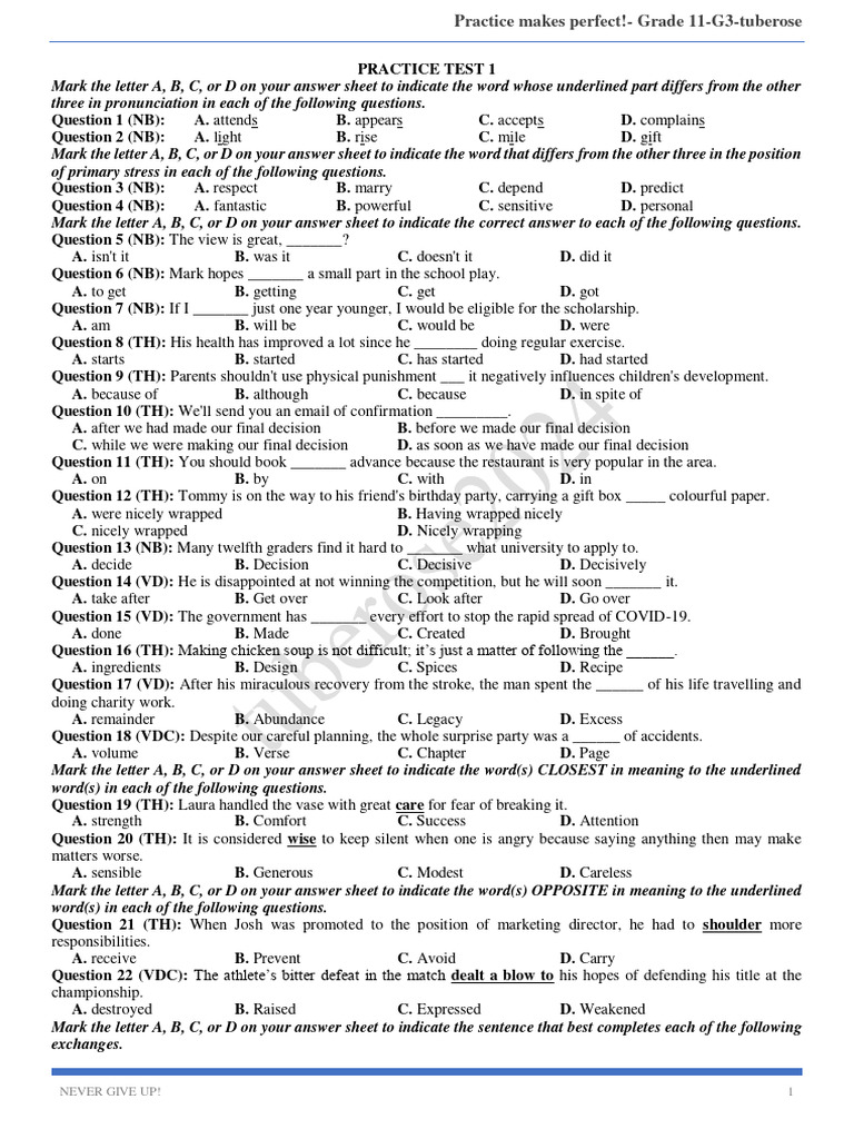 Practice Test 1 G3 Advanced | PDF | Adolescence