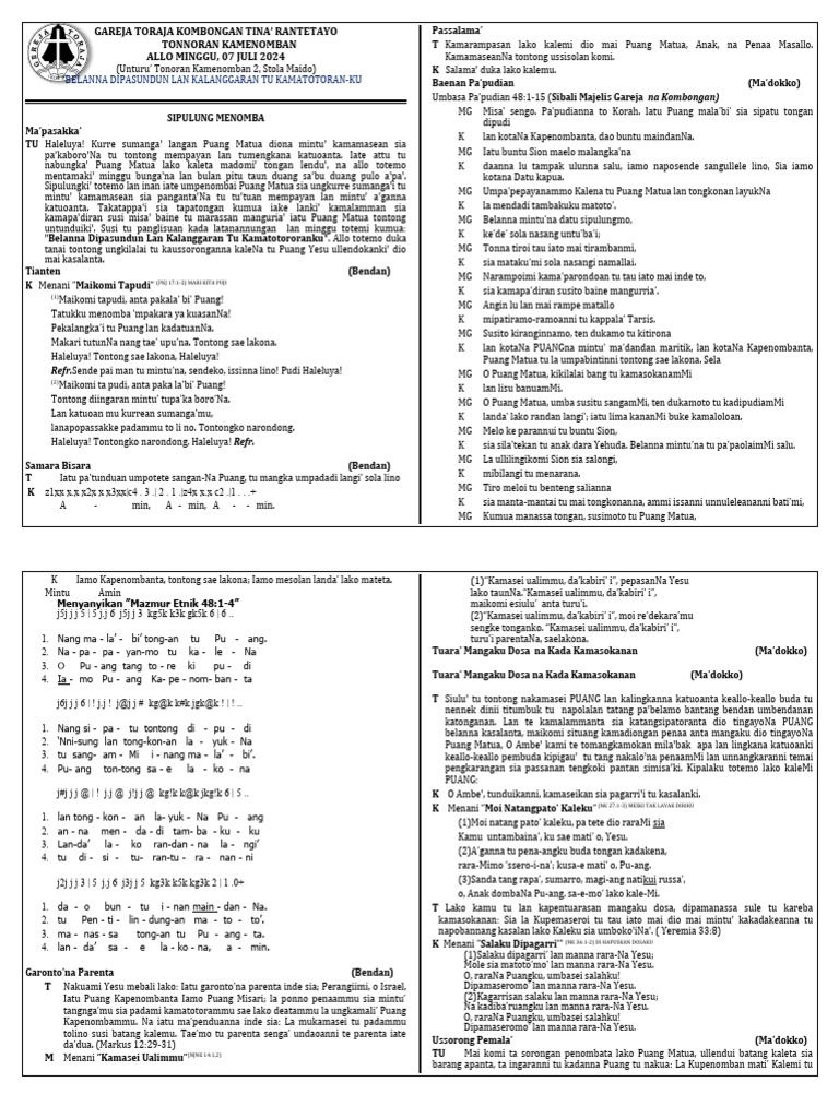 Liturgi 07 Juli 2024 Lit 2 Bahasa Toraja | PDF