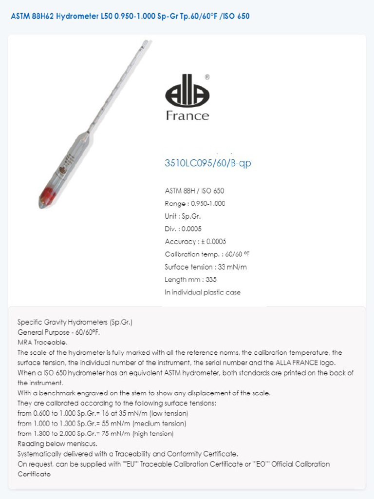 ASTM Hydrometer - ISO650 - 0.950-1.000 SPGR | PDF