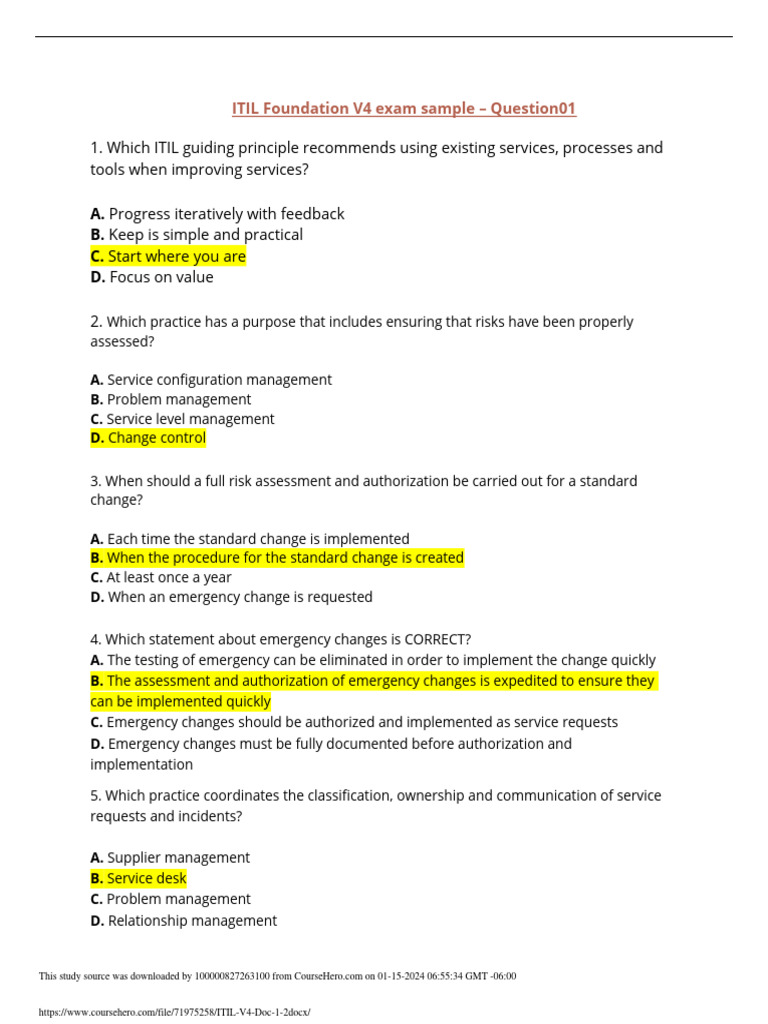 ITIL V4 Foundation Exam Sample Questions | PDF | It Service Management ...