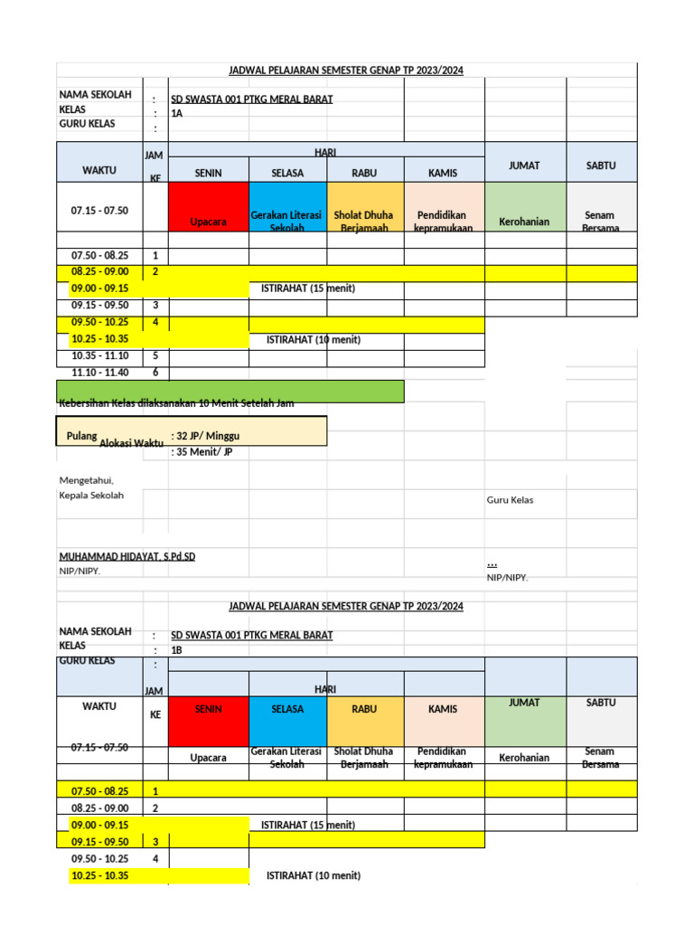 Format Jadwal Pelajaran Semester Genap TP 2022 2024 | PDF
