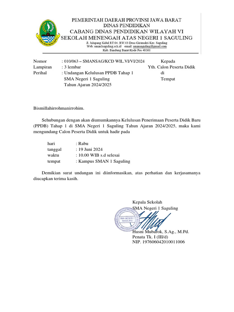 Surat Undangan Pengumuman Kelulusan PPDB Tahap 1 2024-2025 (CPD) 1 | PDF