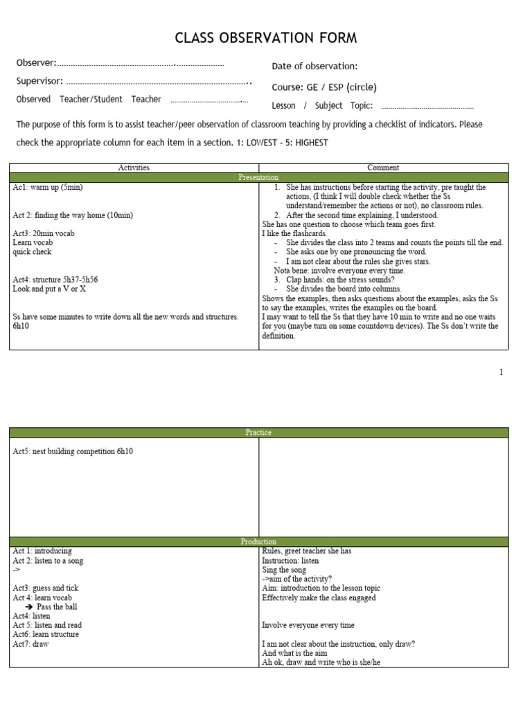 Class Observation Form | PDF | Vocabulary | Teachers
