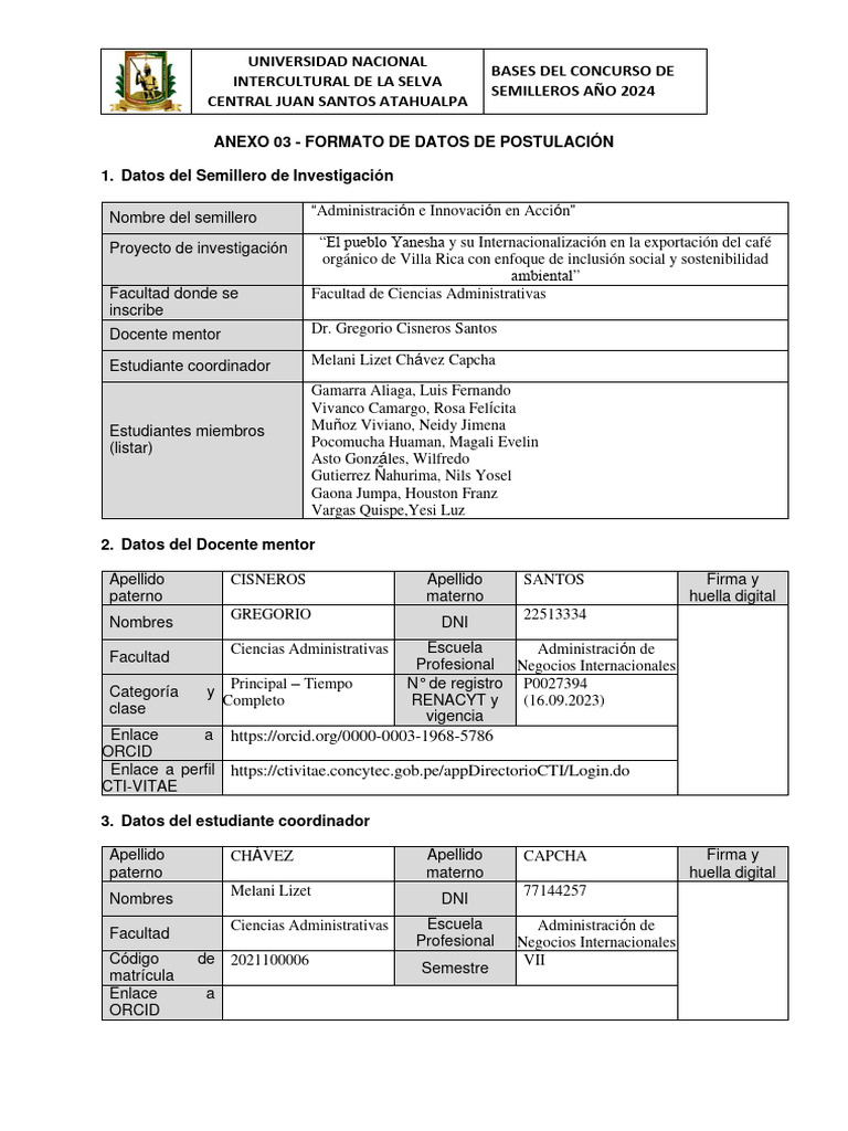 Anexo 03 - Formato de Datos de Postulación.. | PDF