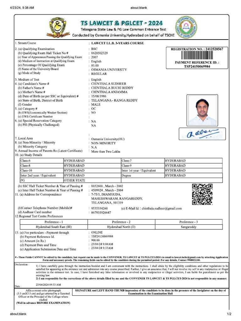 TS Lawcet Application 2024 | PDF
