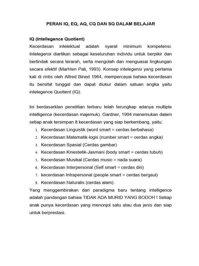Materi 4 Peran Iq Eq Aq Cq Dan Sq Dalam Belajar Pdf