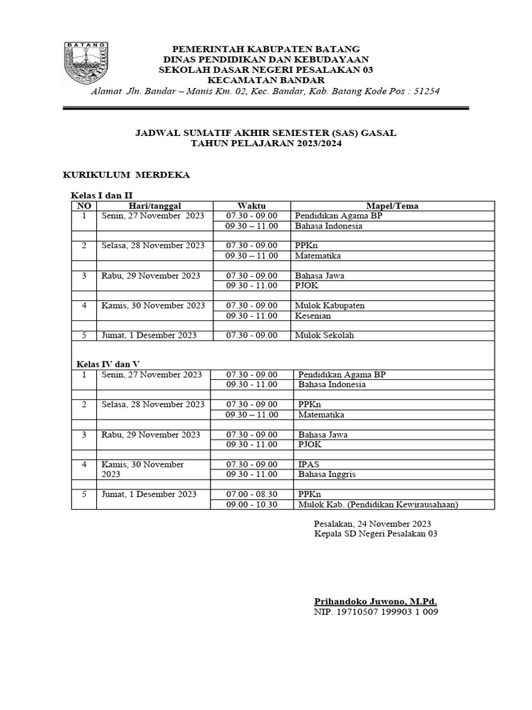 Jadwal Sas Dan Pas SDN Pesalakan 03 | PDF