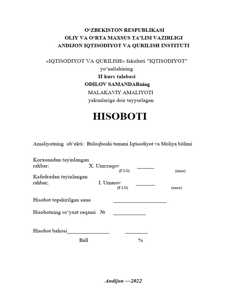 HISOBOT. S. Odilov | PDF