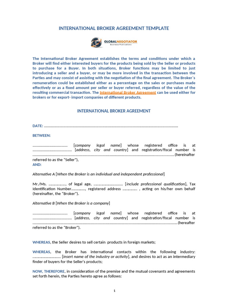 International Broker Agreement Template | PDF | Sales | Private Law