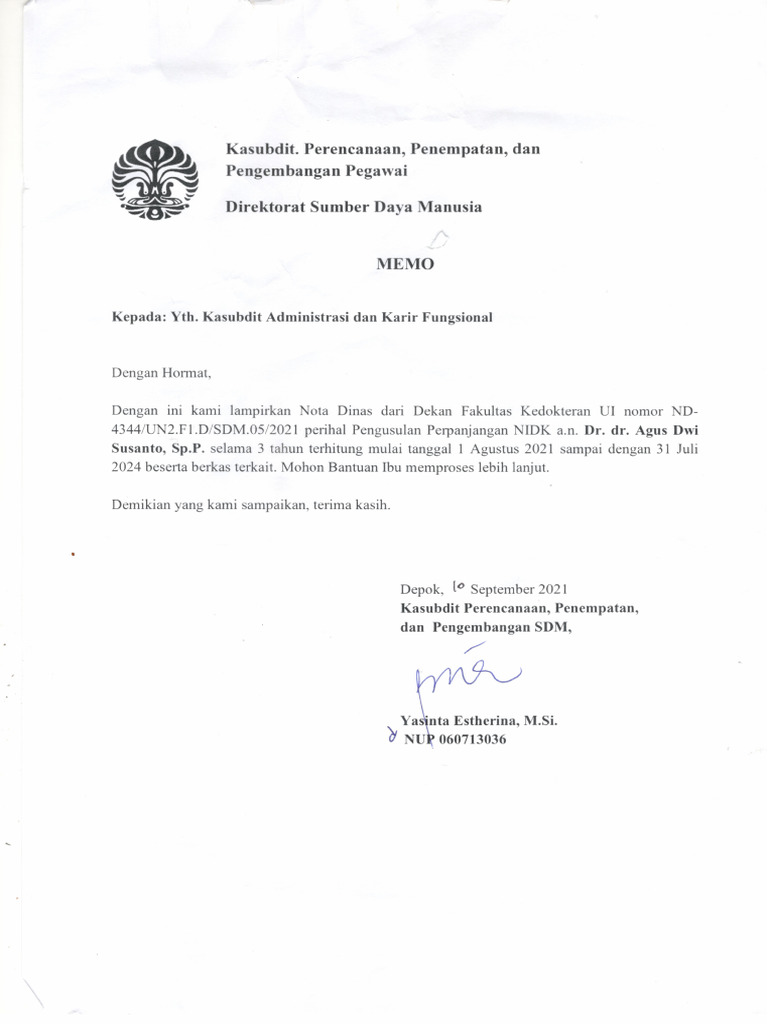 Memo Dinas A.N. Agus Dwi (FK) | PDF