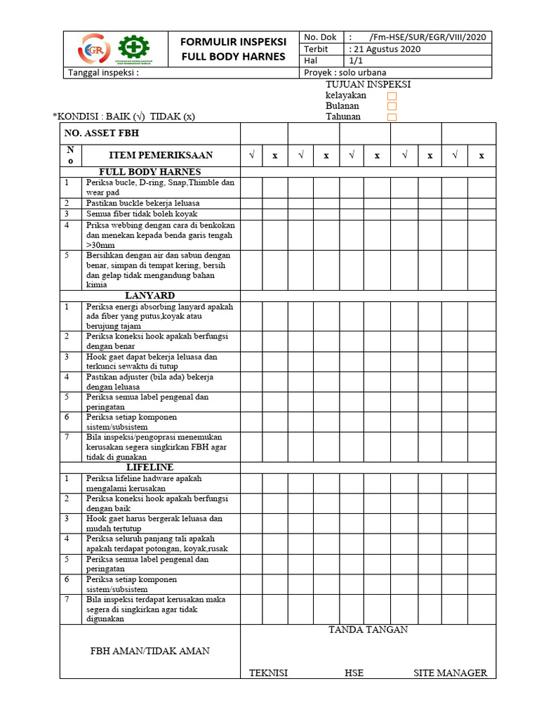 Formulir Inspeksi Full Body Harness | PDF