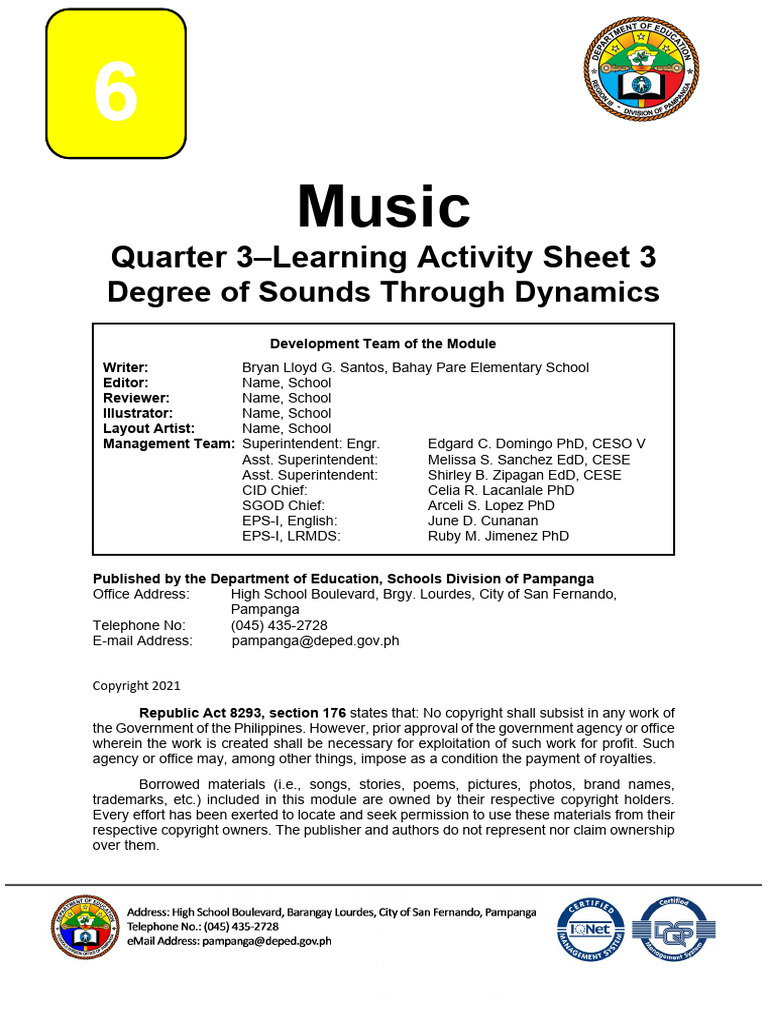 Music6 q3 LAS1 Degreeofdynamics v1 | PDF | Elements Of Music | Notation