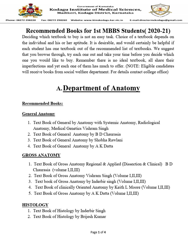 Recommended Books for 1st MBBS Students | PDF | Anatomy | Textbook