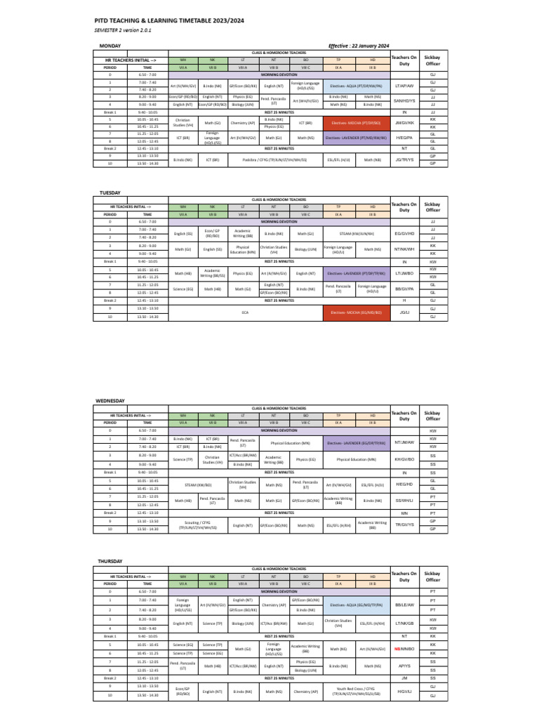 Schedule Sem 2 Pitd - 23 - 24 Ver 2.0.1 - Junior | PDF