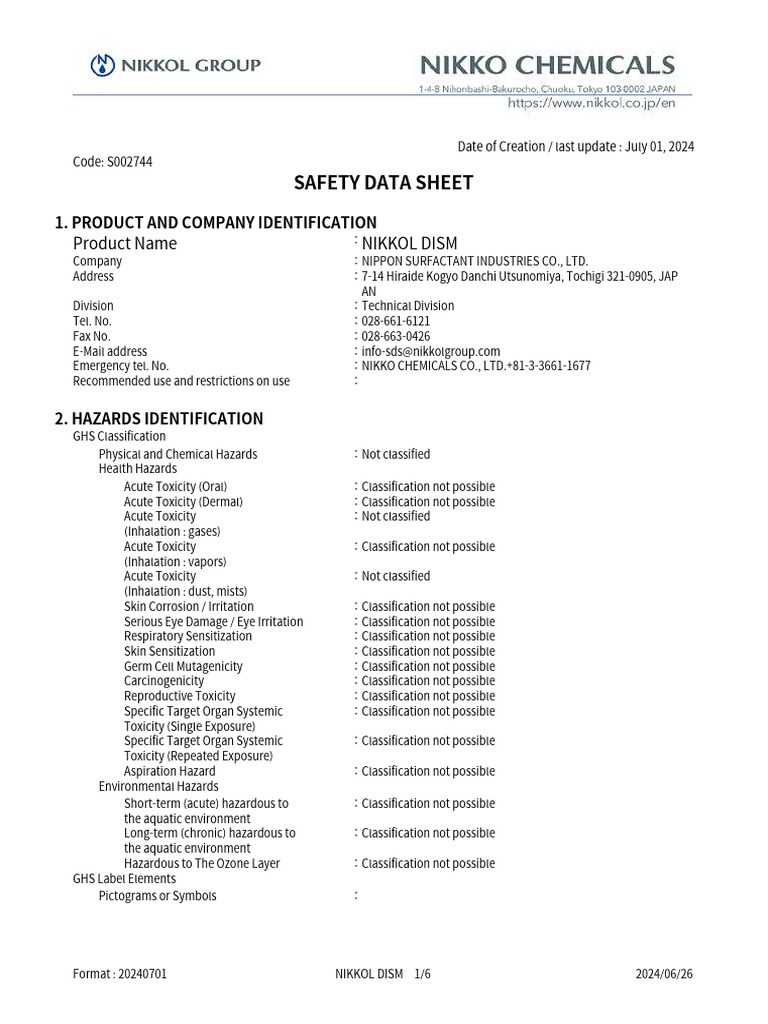 NIKKOL DISM - Sds (E) - S002744 - 20240701 | PDF | Toxicity | Fires