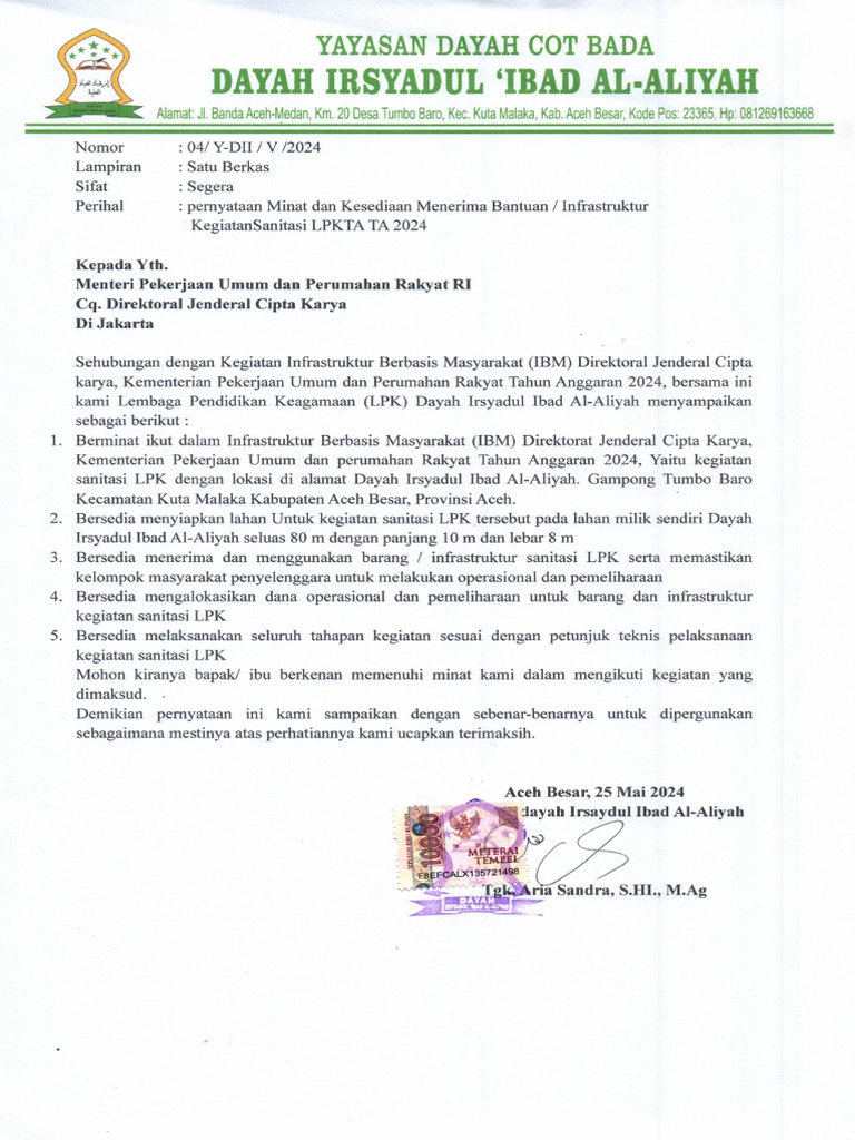 Surat Minat Sanitasi LKP Irsyadul 'Ibad | PDF