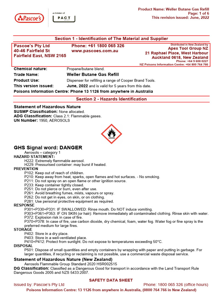 Weller Butane Gas Refill Safety Data Sheet | PDF | Dangerous Goods ...