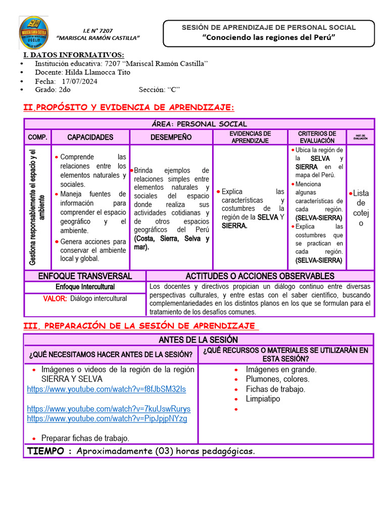 Sesión Conocemos Las Las Regiones Del Perú Sierra y Selva | PDF | Aprendizaje | Perú