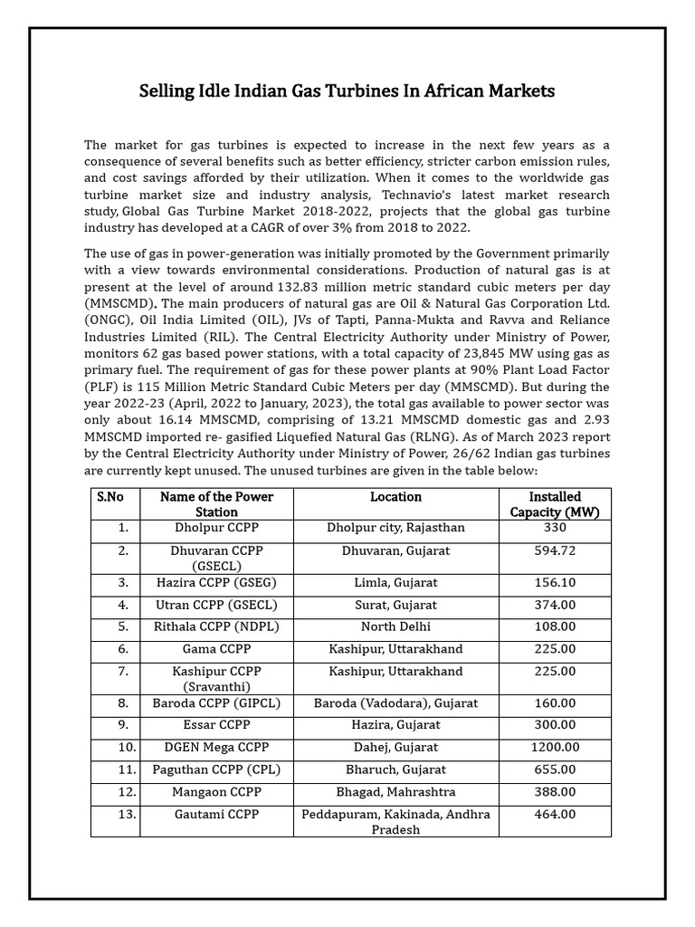 Selling Idle Indian Gas Turbines in African Markets | PDF | Natural Gas ...