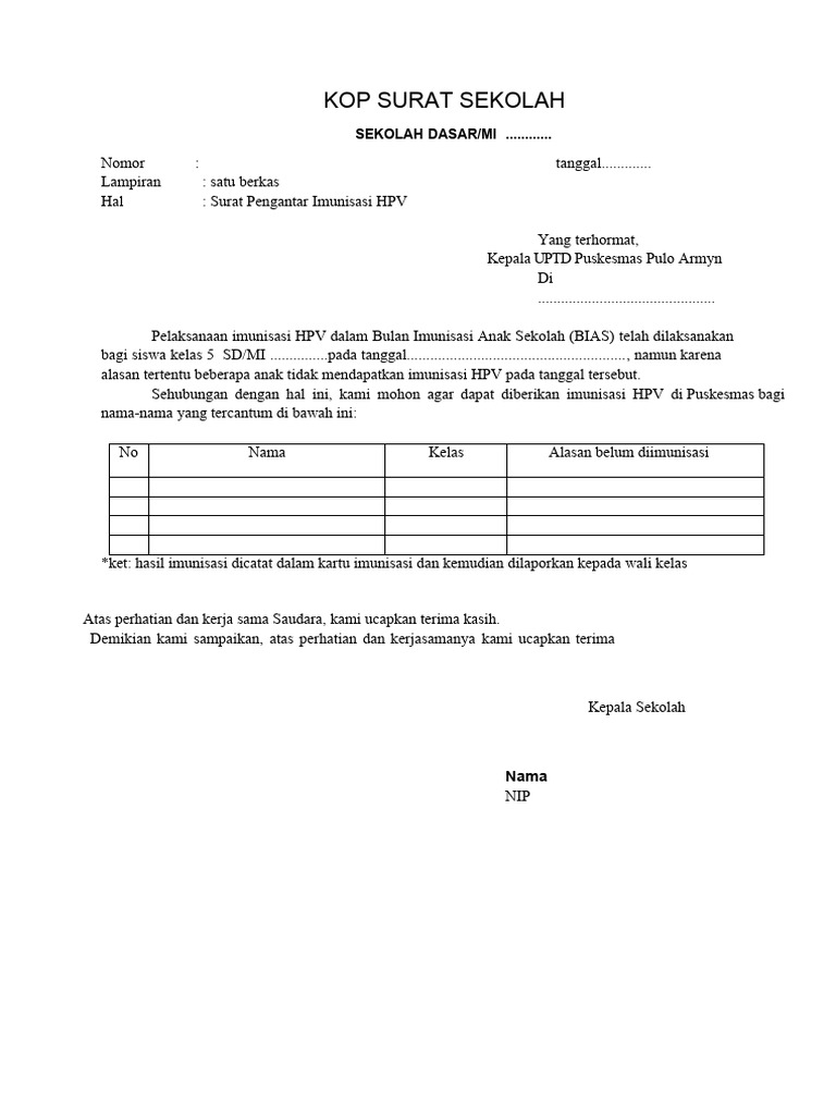 Surat Pengantar Imunisasi Dari Sekolah Ke Puskesmas Pdf