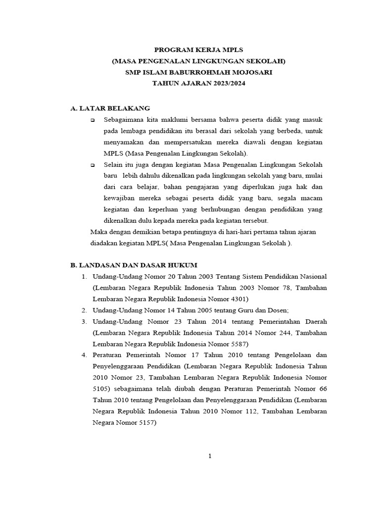 Program Kerja MPLS SMP Islam Baburrohmah | PDF