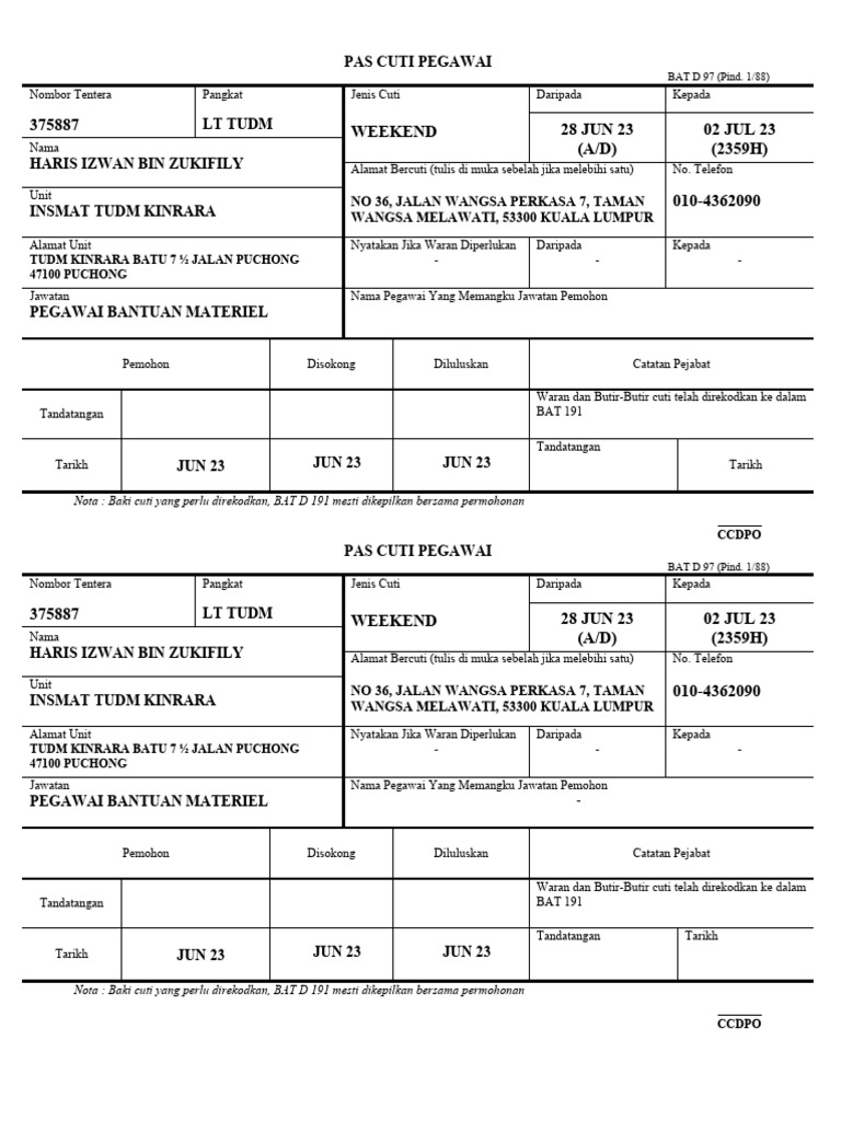 Pas Cuti LT Haris | PDF