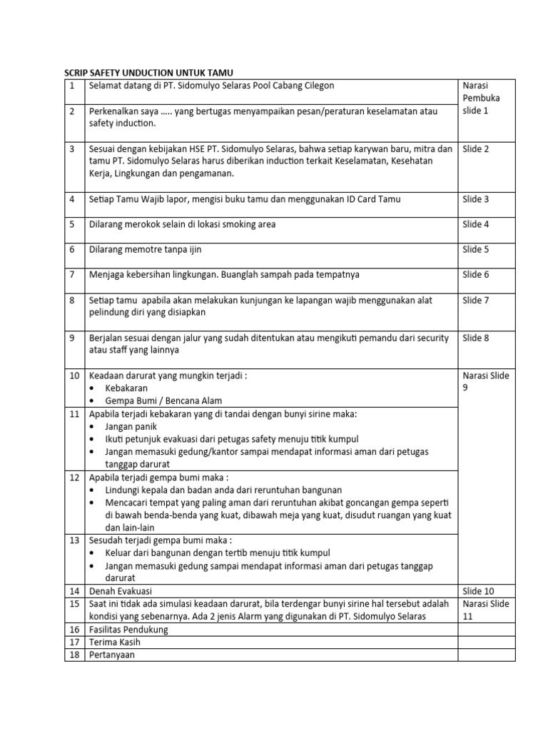 Scrip Safety Unduction Untuk Tamu | PDF