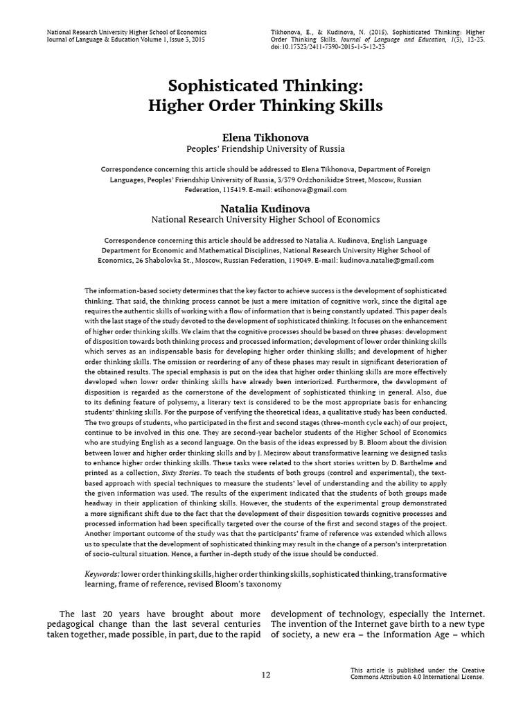 Sophisticated Thinking Higher Order Thinking Skills | PDF | Thought | Critical Thinking