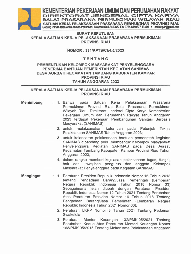 331 SK Pembentukan KMP Penerima Bantuan Kegiatan Sanimas Desa Aursati | PDF