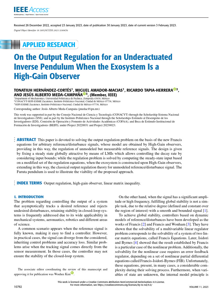 On The Output Regulation For An Underactuated Inverse Pendulum When The ...