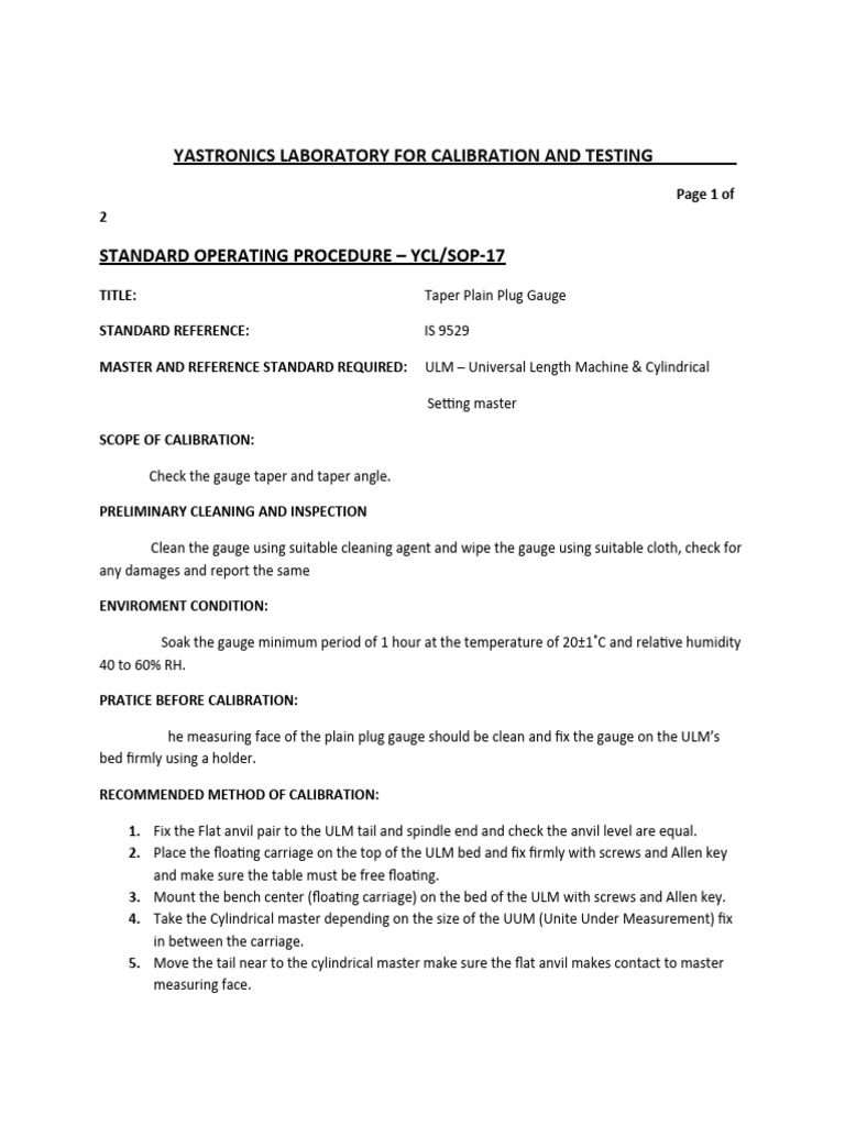 SOP-Taper Plain Plug | PDF | Calibration | Metrology