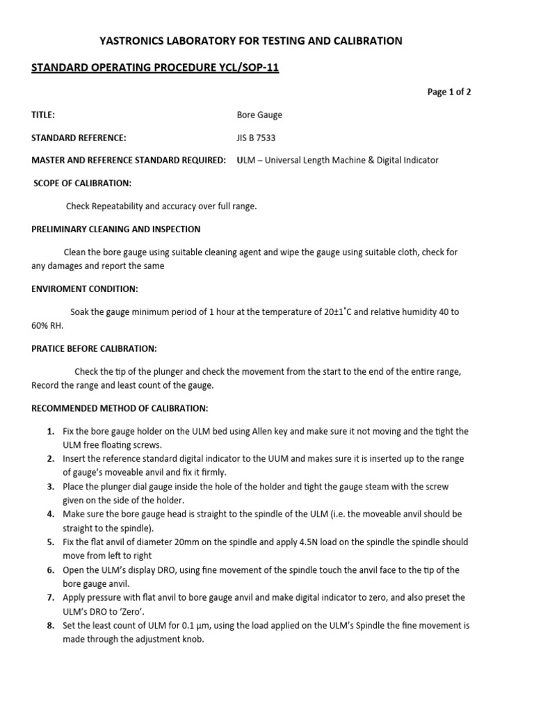 11.SOP- Bore Gauge | PDF | Calibration | Metrology
