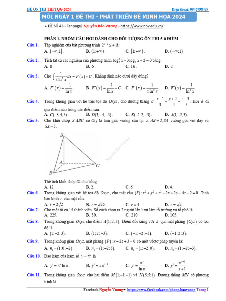 Đề Số 43 - Mỗi Ngày 1 Đề Thi 2024 - Phát Triển Đề Minh Họa 2024 | PDF