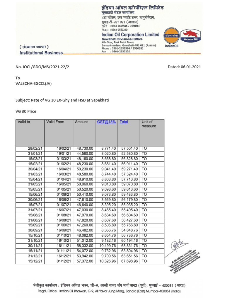 IOCL - HSD and BITUMEN RATES | PDF