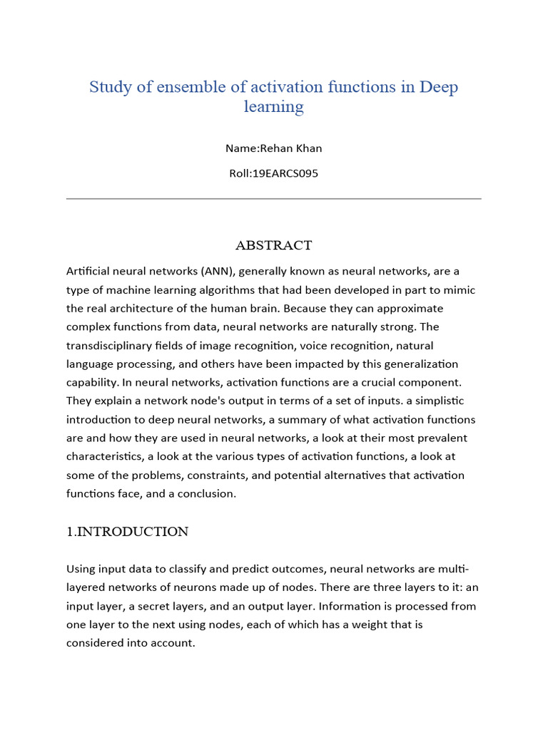 Study of Ensemble of Activation Functions in Deep Learning | PDF | Artificial Neural Network ...