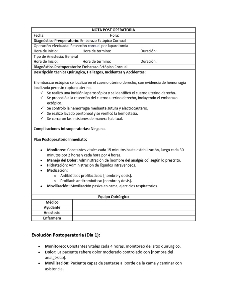 Nota Post Operatoria | PDF | El embarazo | Cirugía