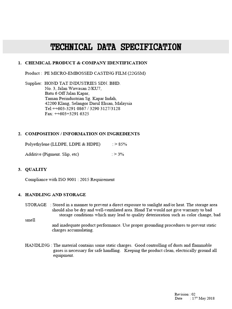 TDS PE MICRO-EMBOSSED CASTING FILM (22GSM) - HW009 - DSG (Thailand) | PDF | Materials Science ...