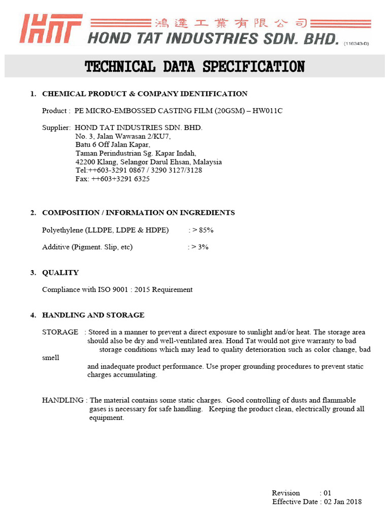 TDS PE MICRO-EMBOSSED CASTING FILM (20GSM) - HW011C - KIMBERLY-CLARK (Confius With Unit) | PDF ...